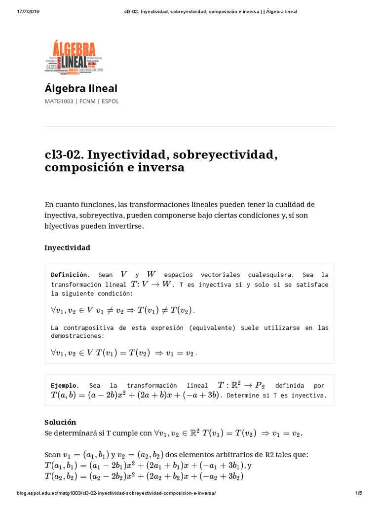 Inyectividad y Sobreyectividad en Álgebra | PDF | Mapa lineal | Función ...