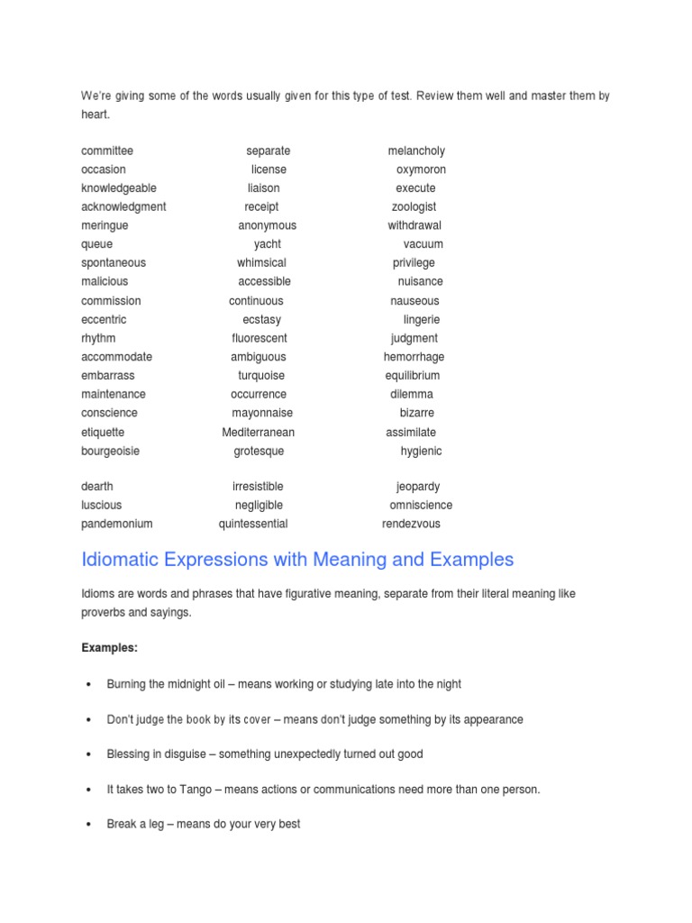 Idiomatic Expressions With Meaning and Examples | PDF | Idiom | Test ...
