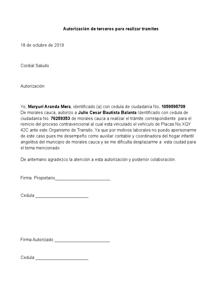 Formato de Autorizacion A Terceros para Realizar Tramites | PDF