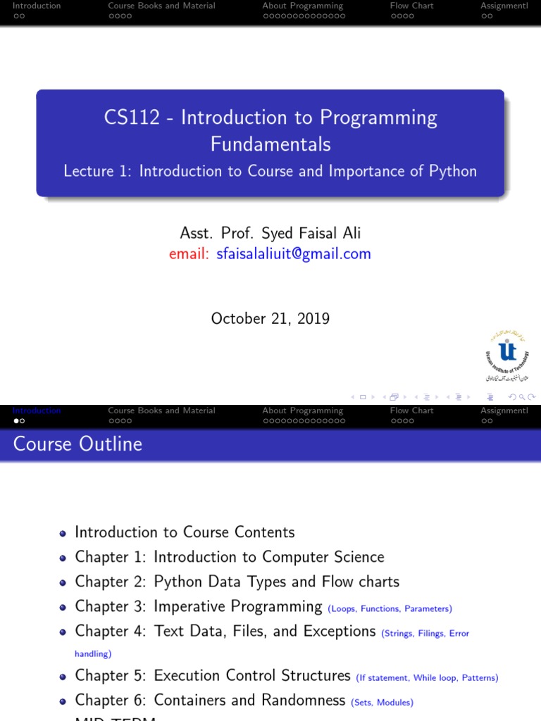 CS112 - Introduction To Programming Fundamentals: Lecture 1: Introduction To Course and ...