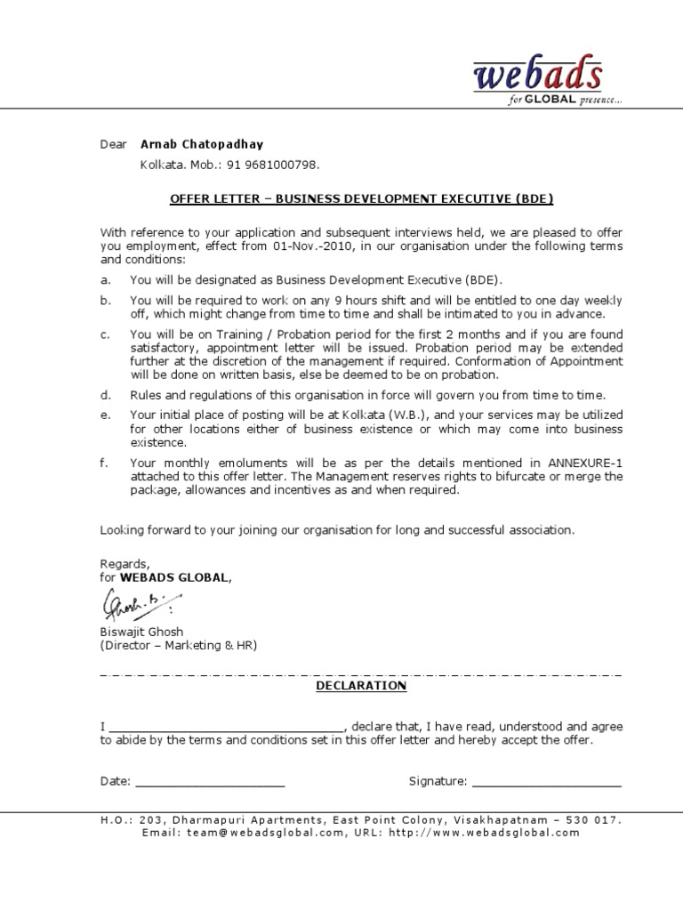 Business Development Executive Offer Letter | PDF | Communication ...