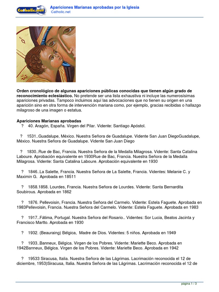 Apariciones Marianas Aprobadas Por La Iglesia PDF | PDF | Aparición ...