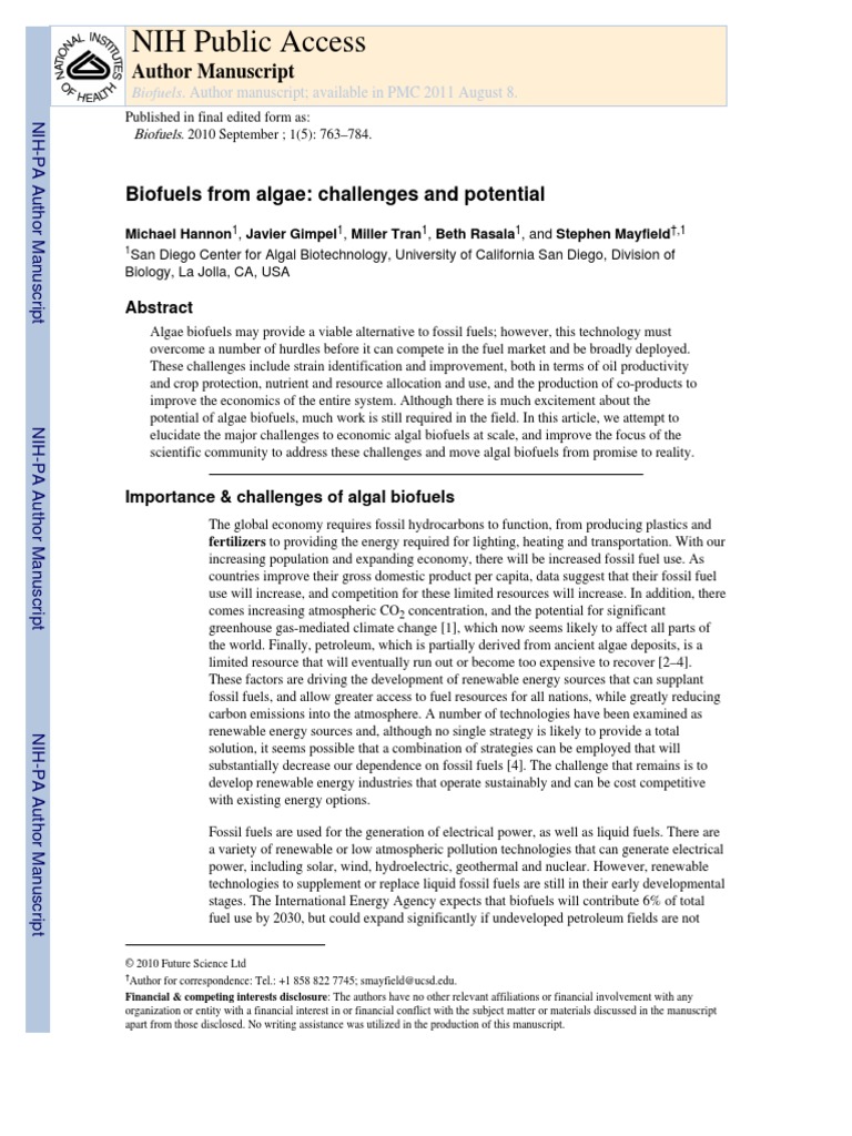 Biofuels From Algae Challenges and Potential | PDF | Algae Fuel | Biofuel