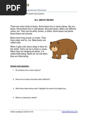 3rd Grade Reading Fluency Passages Pdf All About Bears: Grade 1