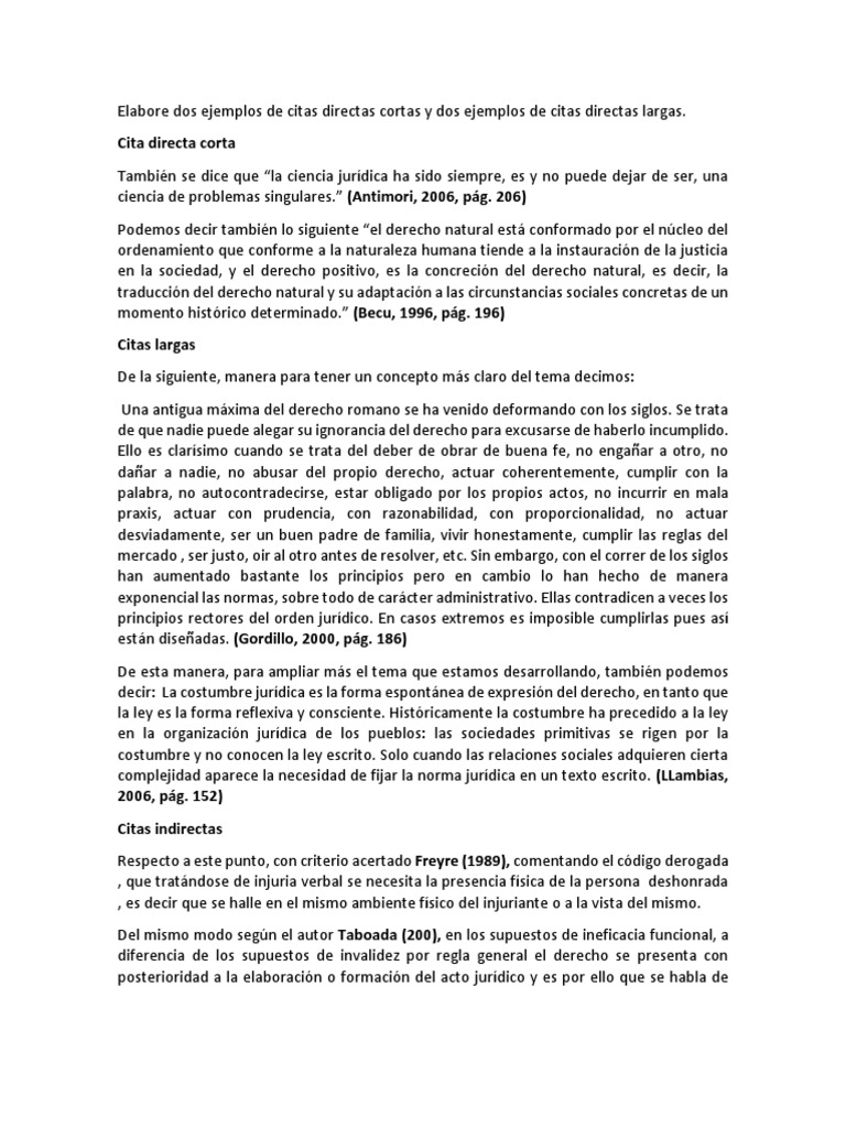 Elabore Dos Ejemplos de Citas Directas Cortas y Dos Ejemplos de Citas ...
