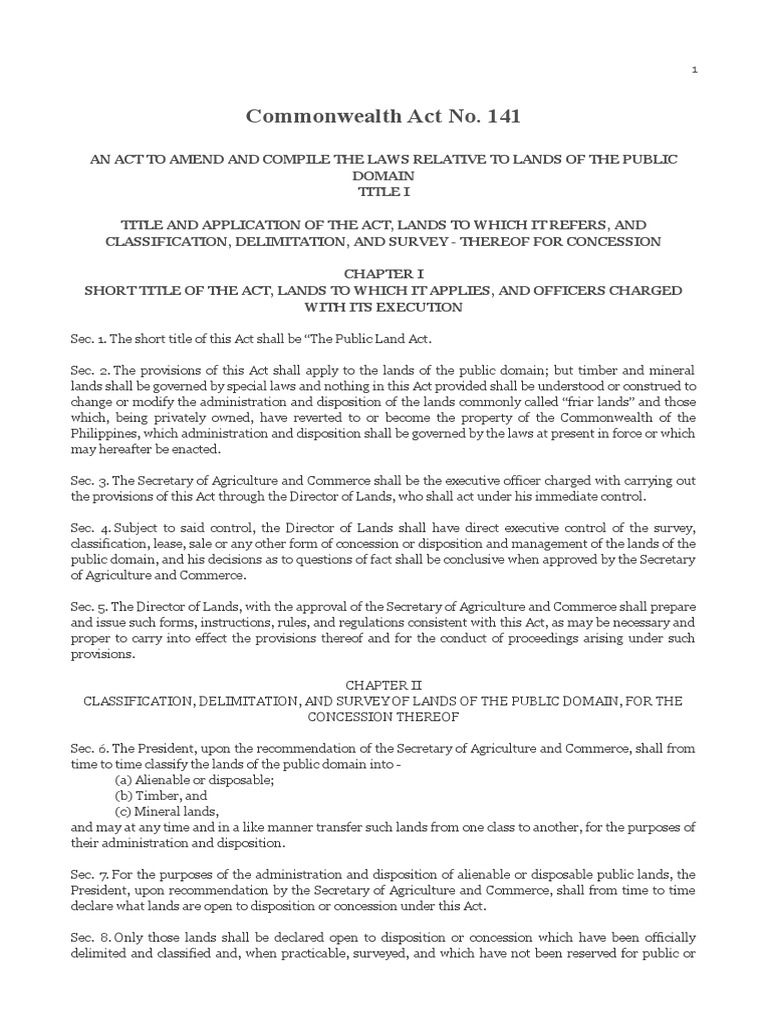 Act 141 - Commonwealth Act (Public Land Act) | PDF | Patent Application ...