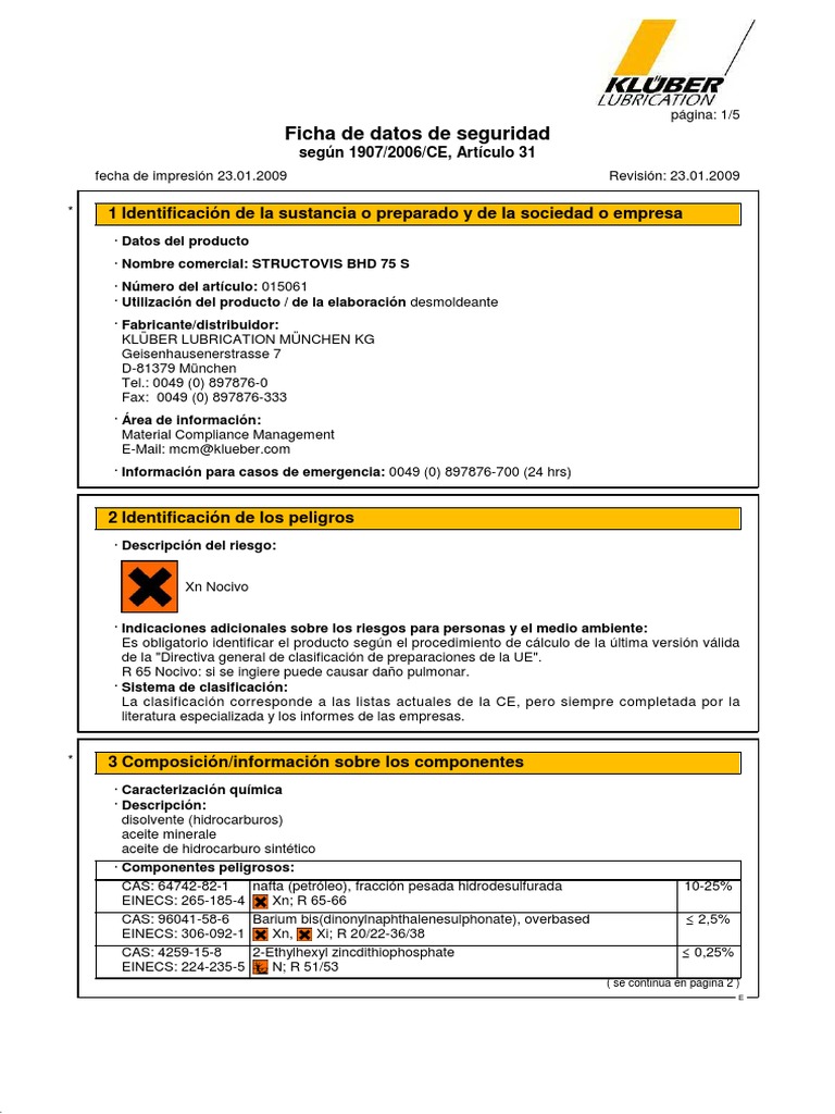 A-01 Aceite Structovis BHD 75 S (Kluber) | PDF | Agua | Química