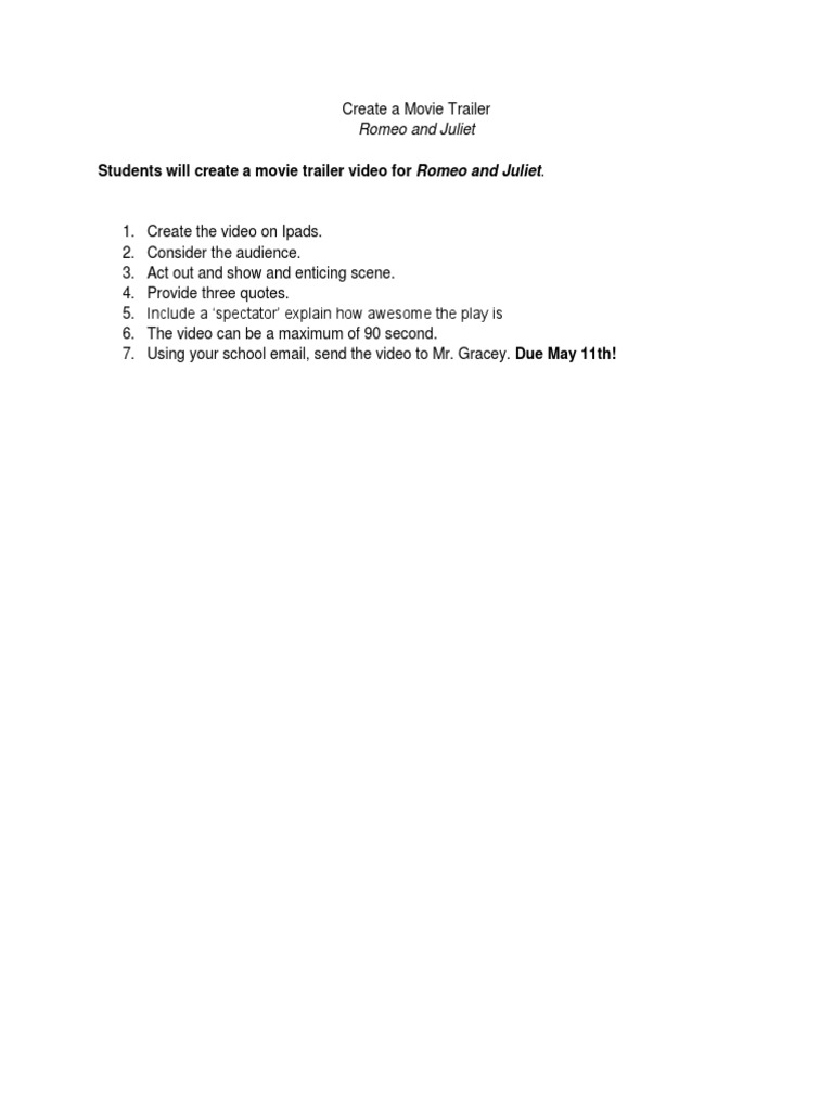 Romeo and Juliet Movie Trailer Project | PDF | Games & Activities