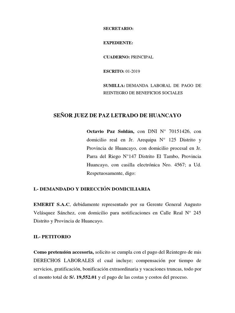 Modelo de Demanda de Liquidacion de Beneficios Sociales | PDF | Salario | Derecho laboral