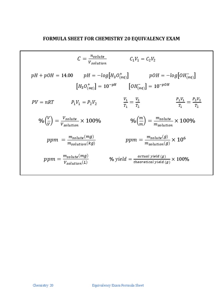 Chemistry 20 Equivalency Exam Formula Sheet | PDF