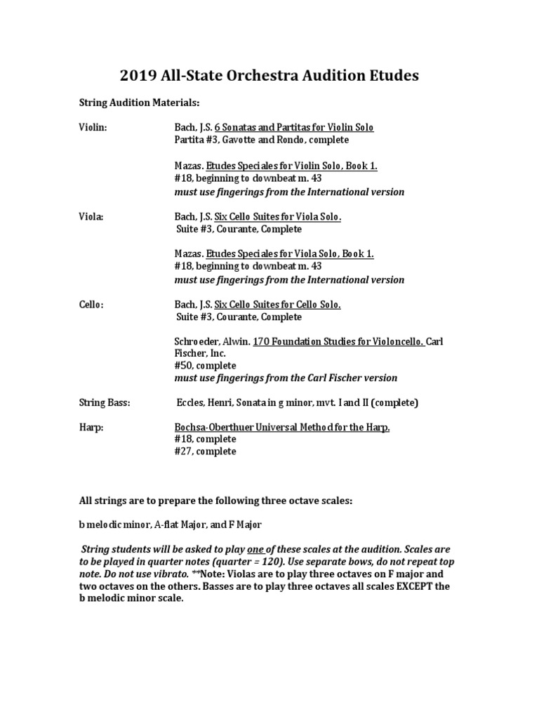 2019 All-State Orchestra Audition Etudes | PDF | Cello | Violin