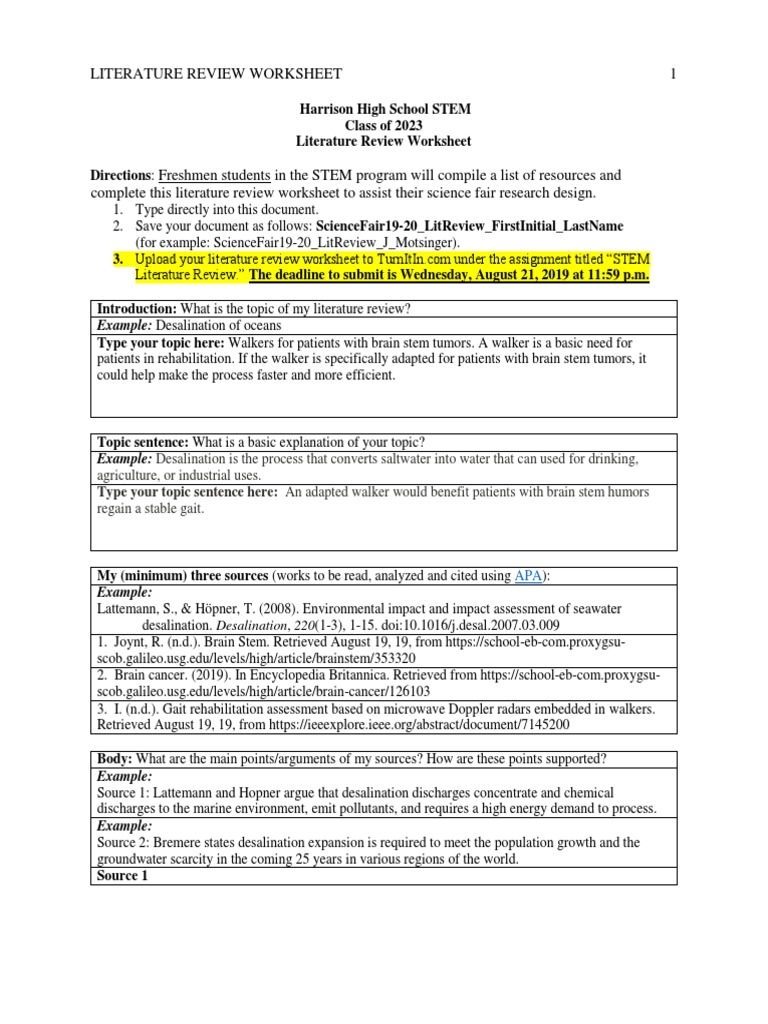 Literature Review Worksheet 1: Example: Desalination of Oceans | PDF ...