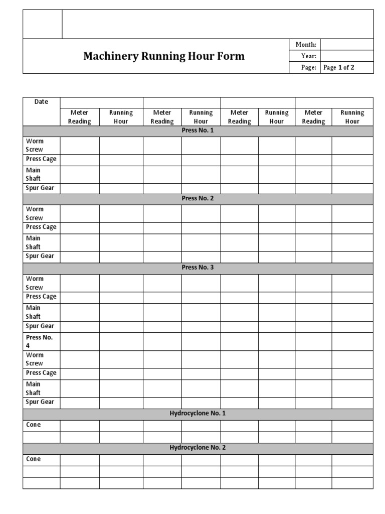 Machinery Running Hour Form: Press No. 1 | PDF