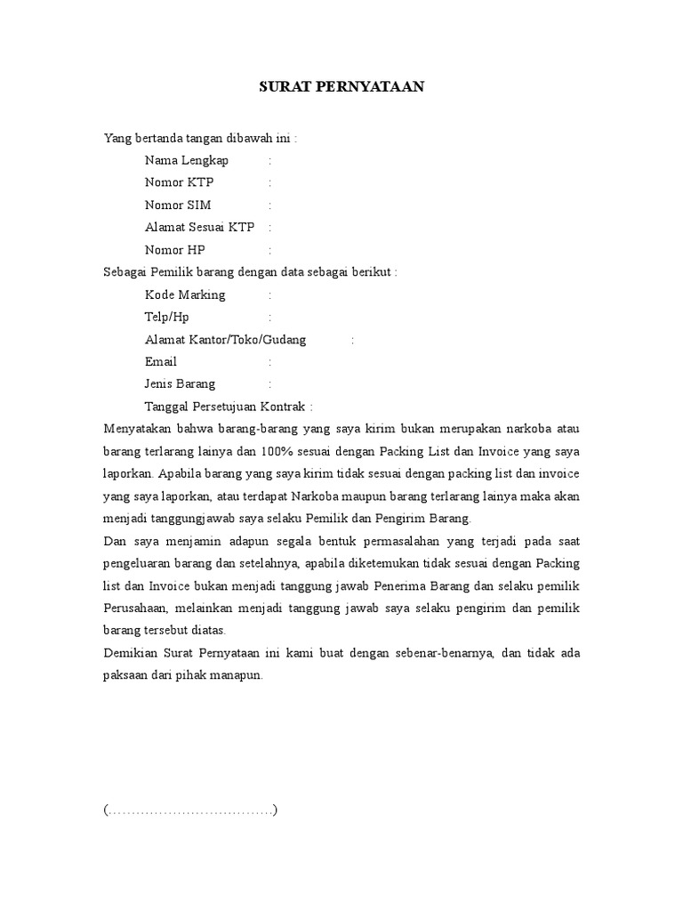 Surat Pernyataan Pengiriman Import | PDF