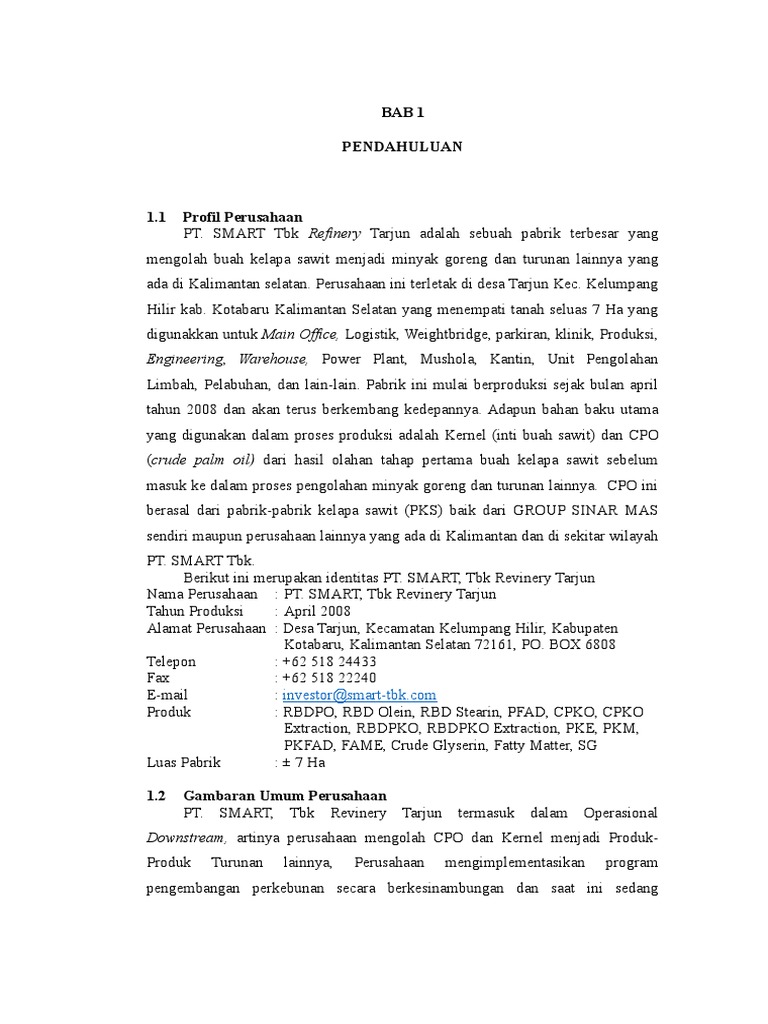 Pendahuluan Laporan KP PT SMART TBK Unit TARJUN | PDF