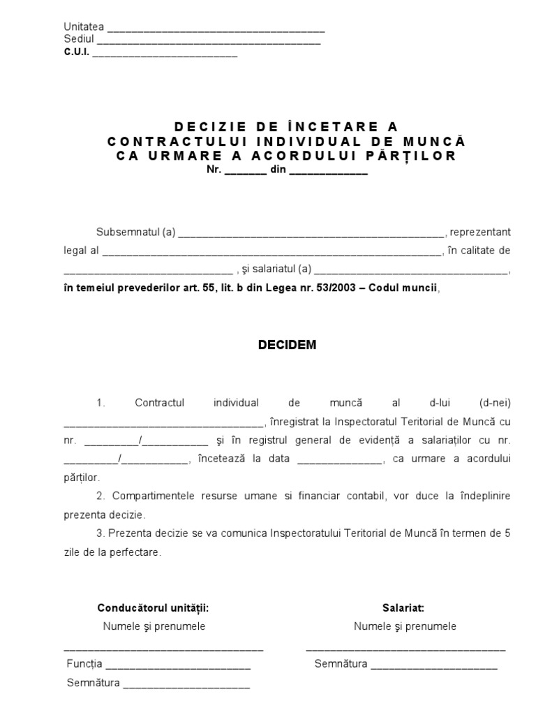 Formular Decizie Incetare CIM Acordul Partilor | PDF