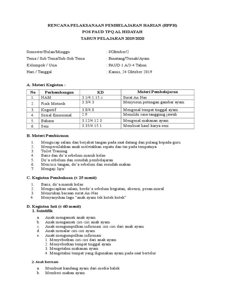RPPH Tema Binatang | PDF