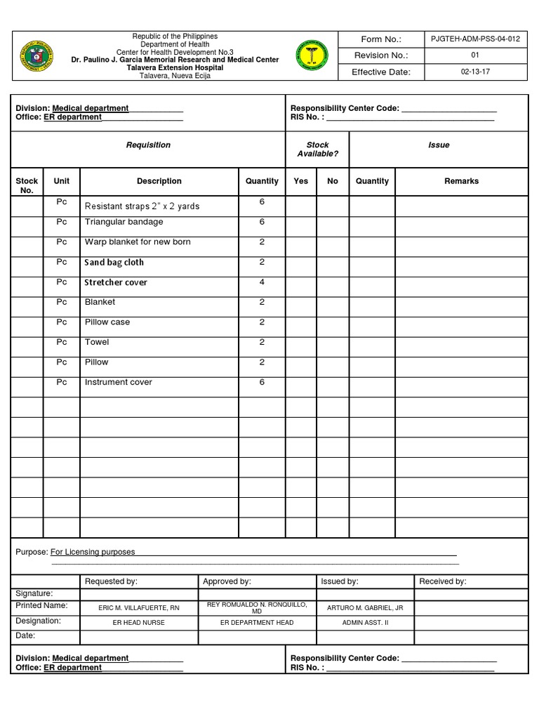ER Department Requisition Form | PDF | Medicine | Health Care
