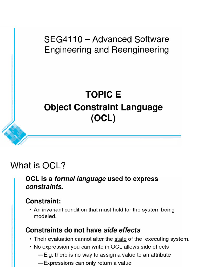 Seg4110 Advanced Software Engineering And Reengineering Topic E Object Constraint Language