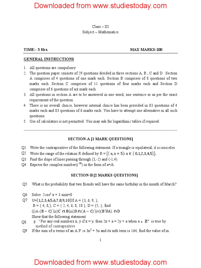 CBSE Class 11 Mathematics Sample Paper 2018 | PDF | Ellipse | Cartesian ...