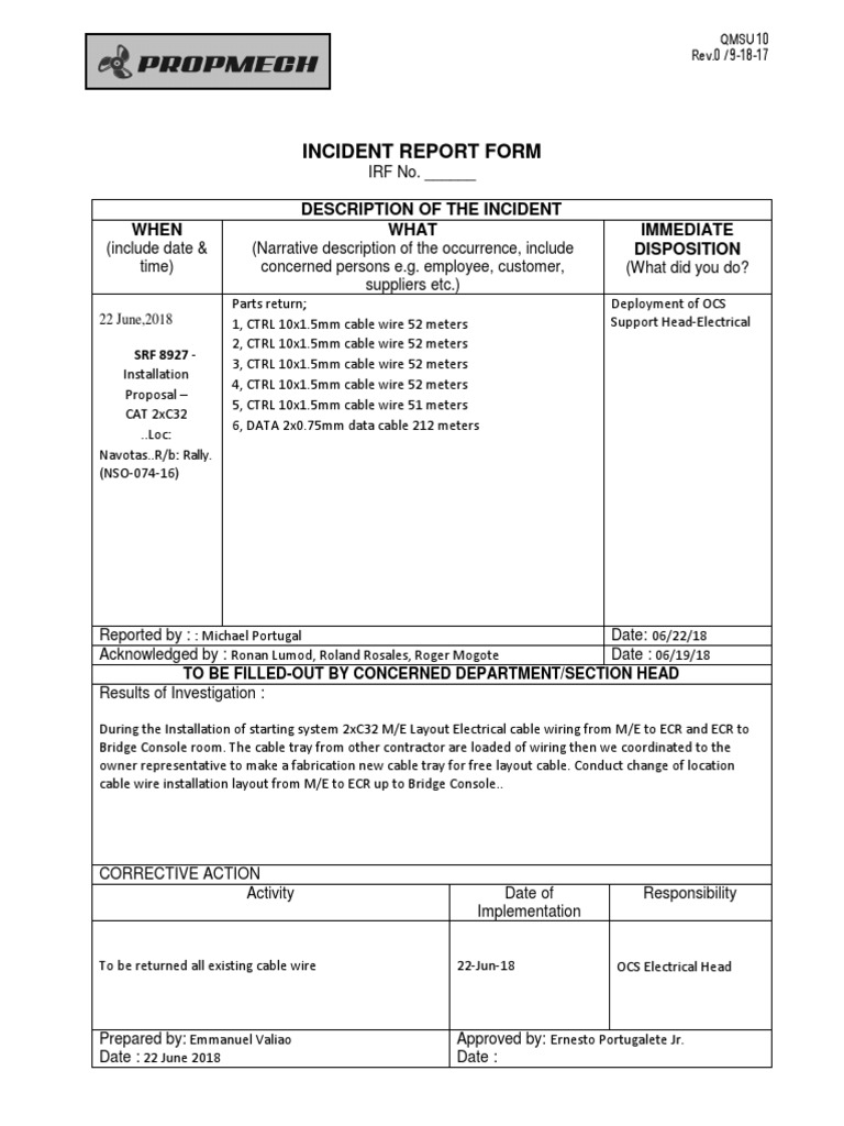 Incident Report Form: Description of The Incident When What Immediate ...