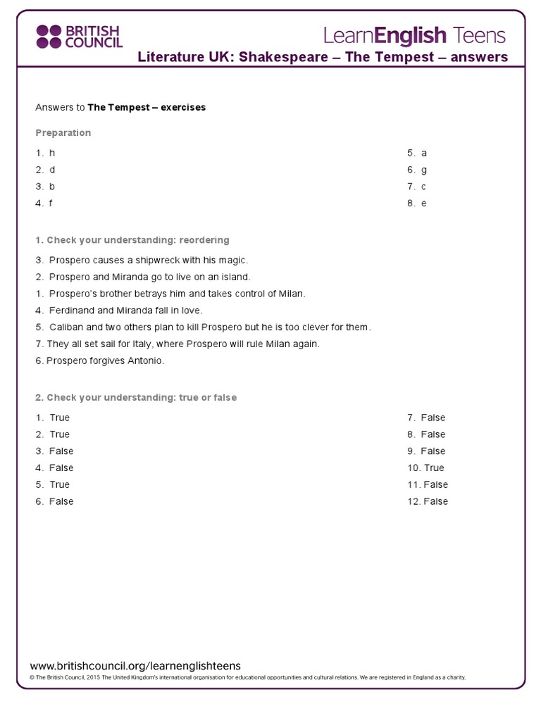 Literature UK: Shakespeare - The Tempest - Answers: Preparation | PDF