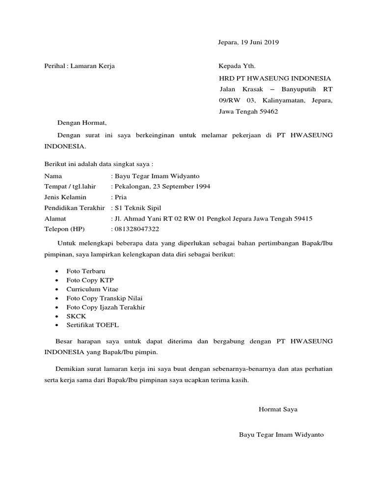 Lamaran Kerja Bayu Tegar ke PT HWASEUNG | PDF
