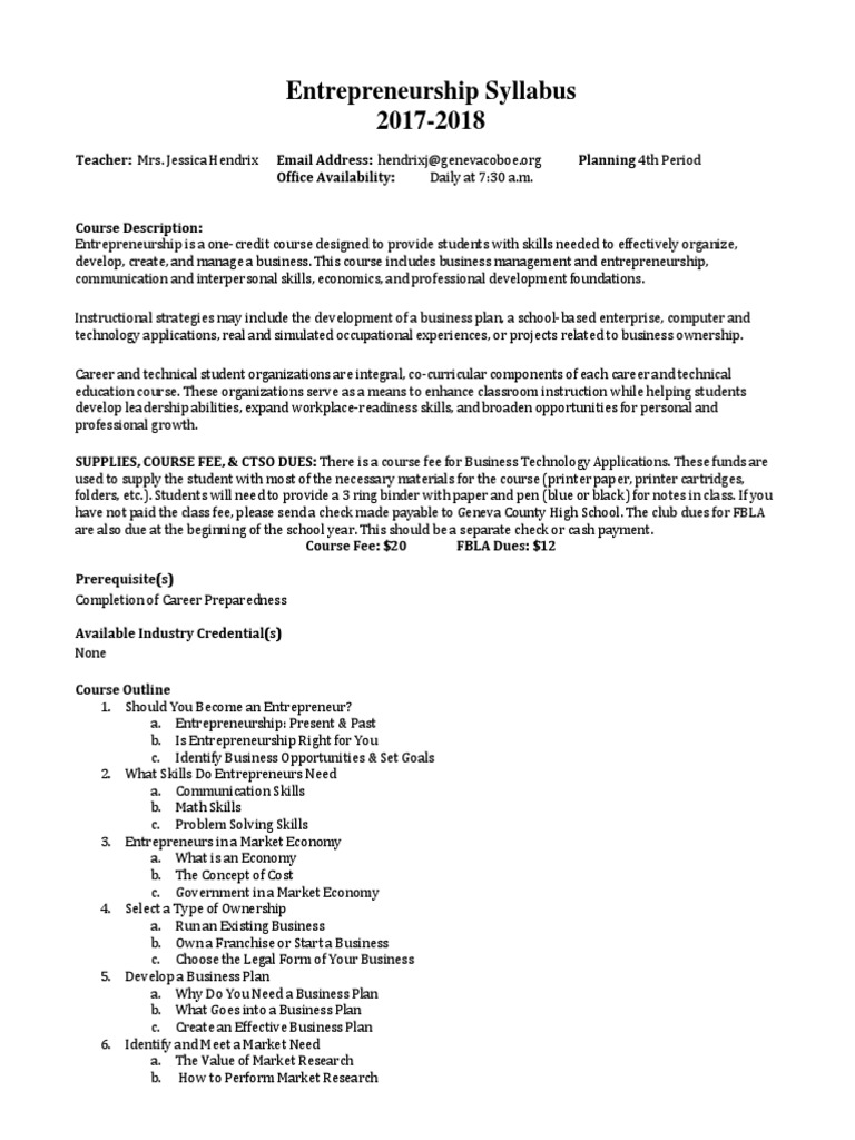 Syllabus For Entrepreneurship | PDF | Entrepreneurship | Business