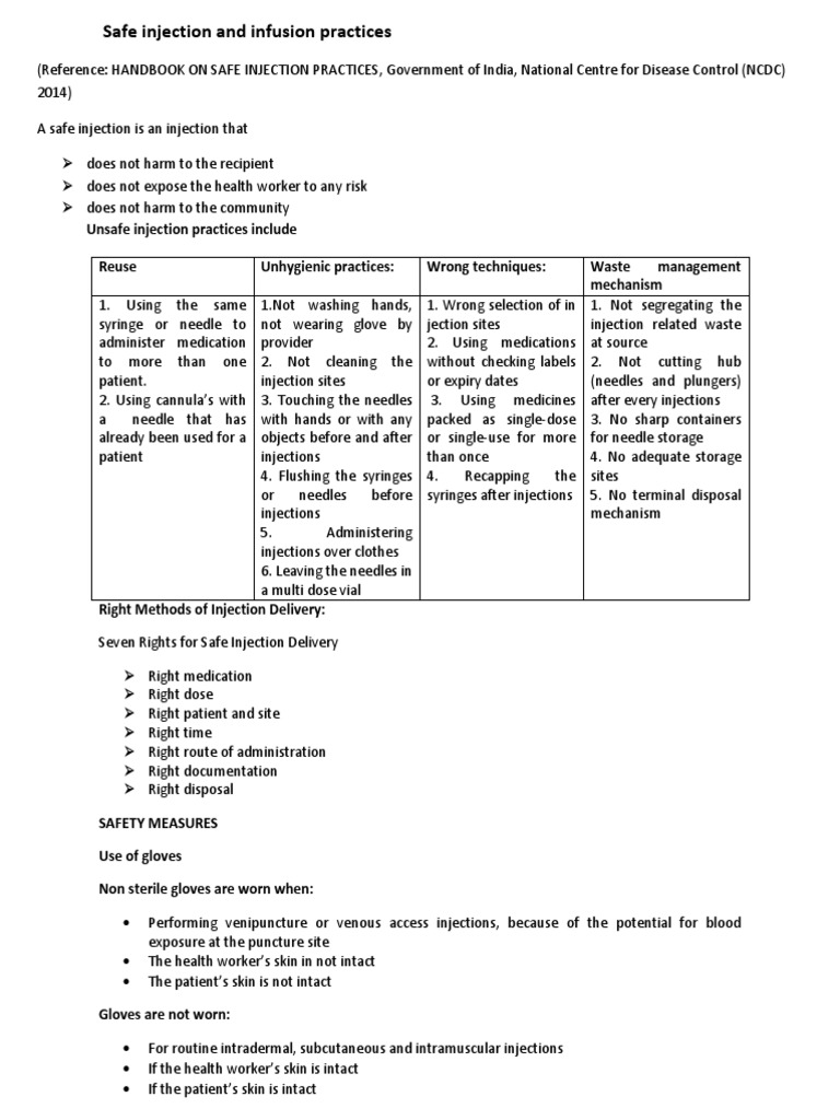 Safe Injection and Infusion Practices | PDF | Injection (Medicine ...