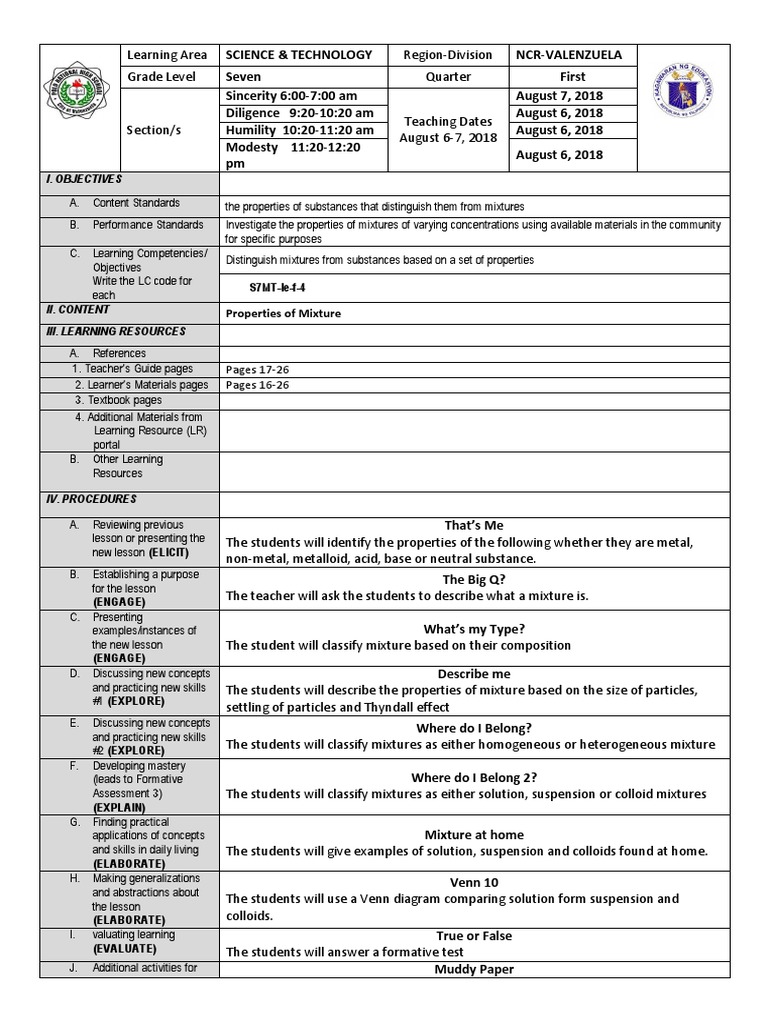 Week 2 Day 1 Properties of Mixture | PDF | Mixture | Teachers