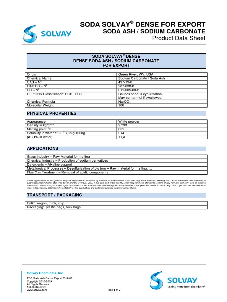Soda Solvay Dense For Export: Soda Ash / Sodium Carbonate | PDF ...
