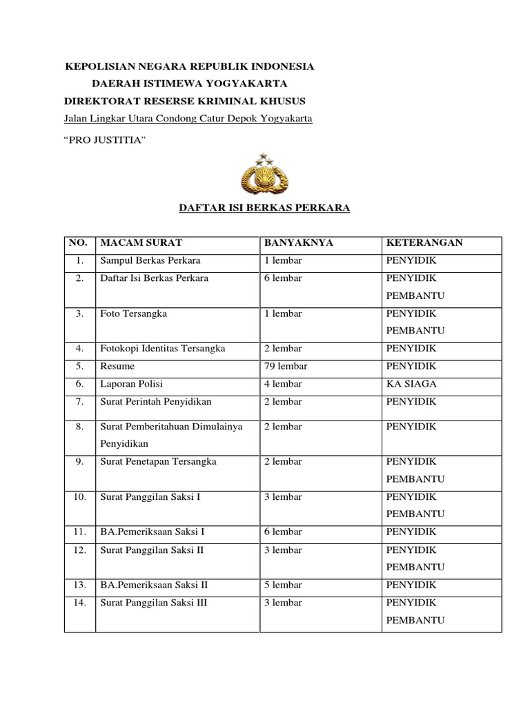 Daftar Isi Berkas Perkara | PDF