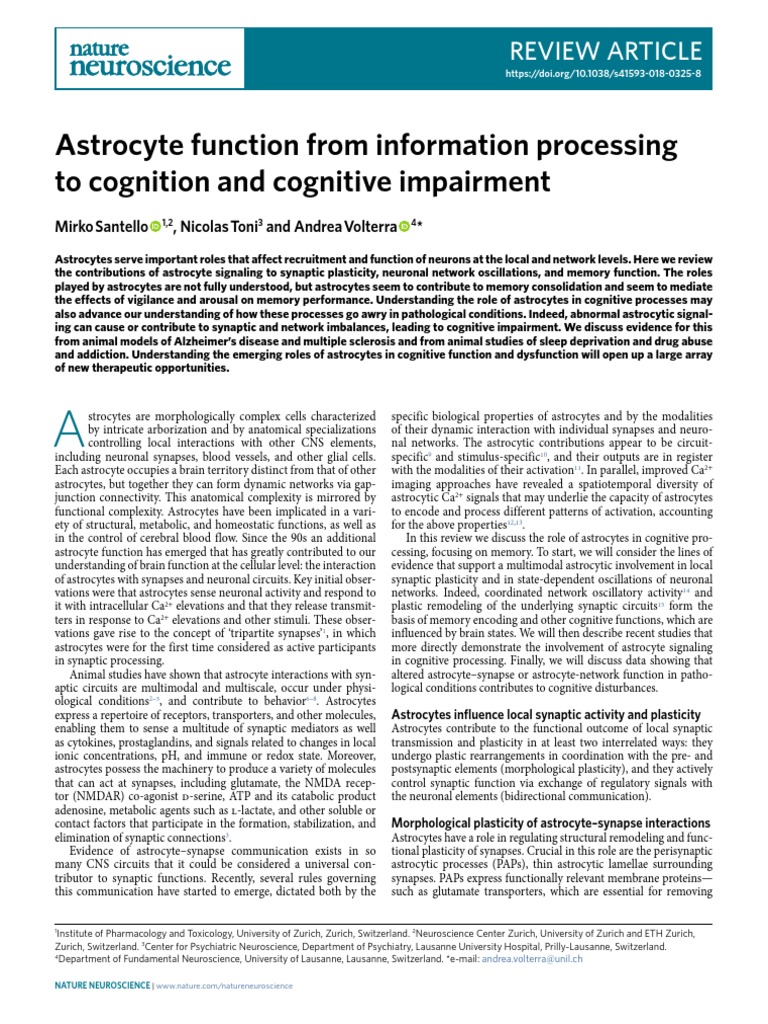 Astrocyte Function From Information Processing To Cognition and ...