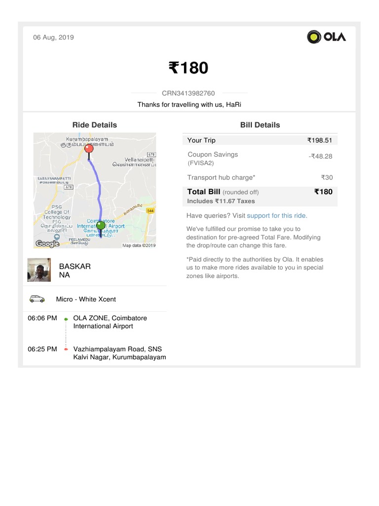 Ola ride receipt for ₹180 | PDF | Invoice | Fee