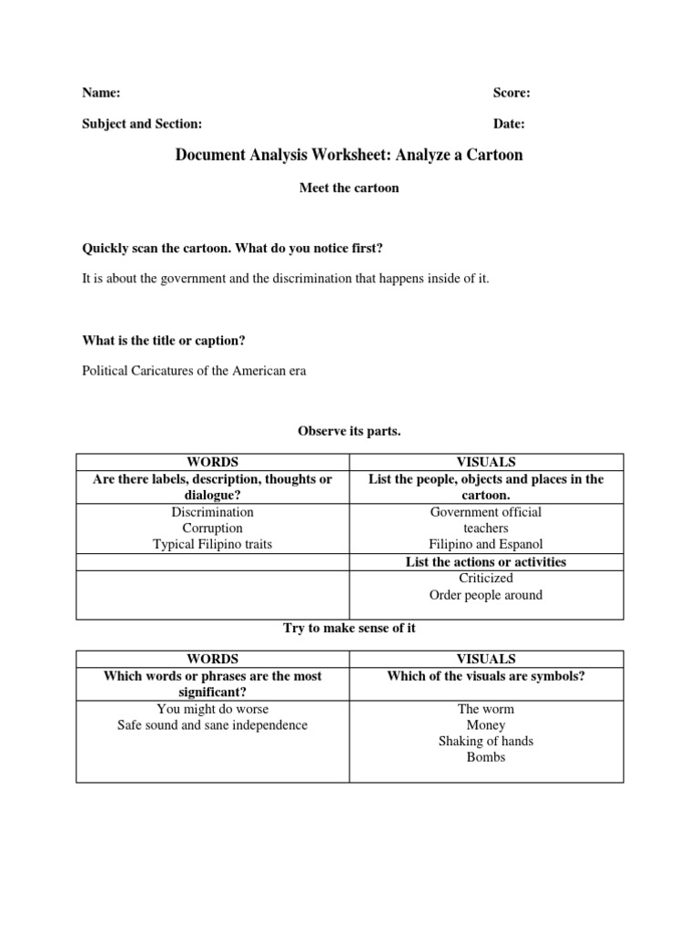 Document Analysis Worksheet: Analyze A Cartoon | PDF | Corazon Aquino