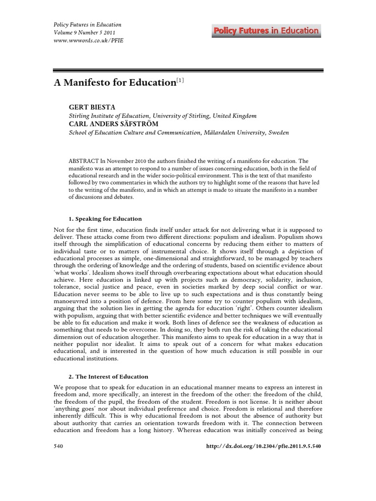 A Manifesto For Education PDF | PDF | Free Will | Idealism