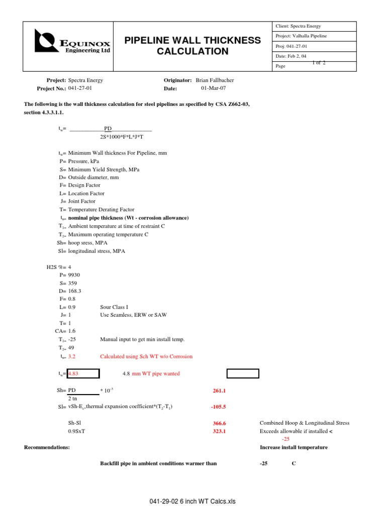 Pipeline Wall Thickness Calculation: 3.2 Calculated Using SCH WT W/o Corrosion | PDF | Pipe ...