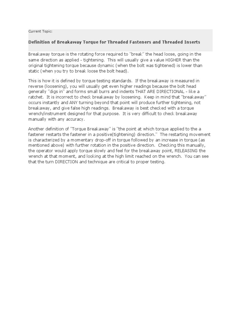 Breakaway Torque: Definition & Measurement | PDF