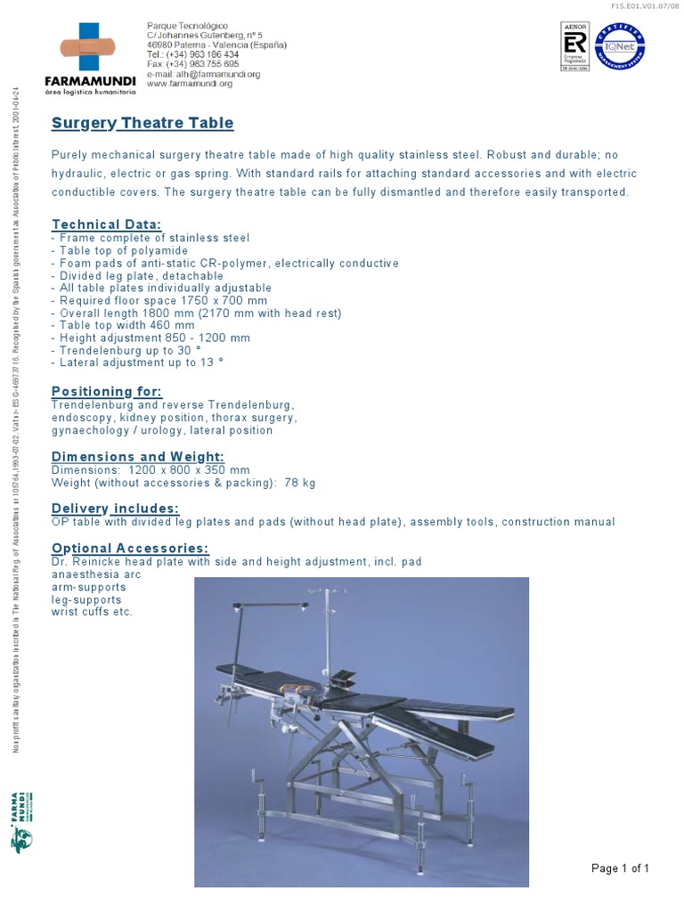 Surgery Theatre Table: Technical Data | PDF | Electrical Engineering ...