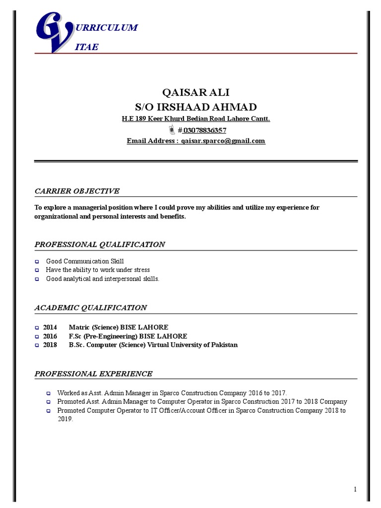 Qaisar Ali S/O Irshaad Ahmad: Urriculum Itae | PDF