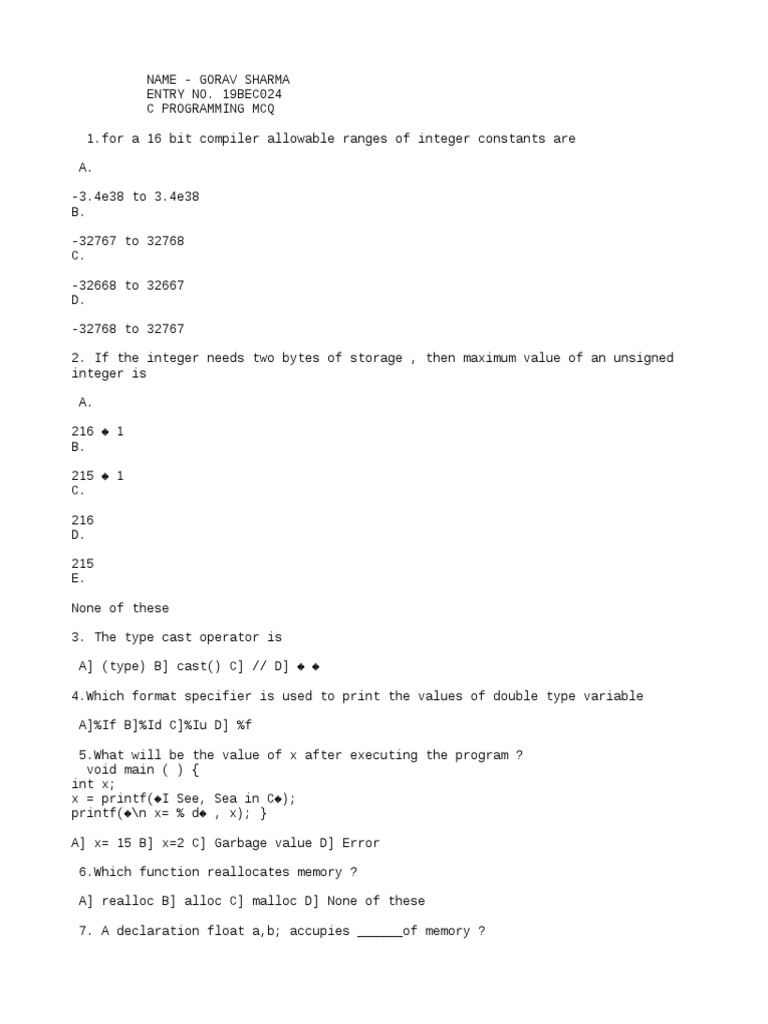 C MCQ Word File | PDF