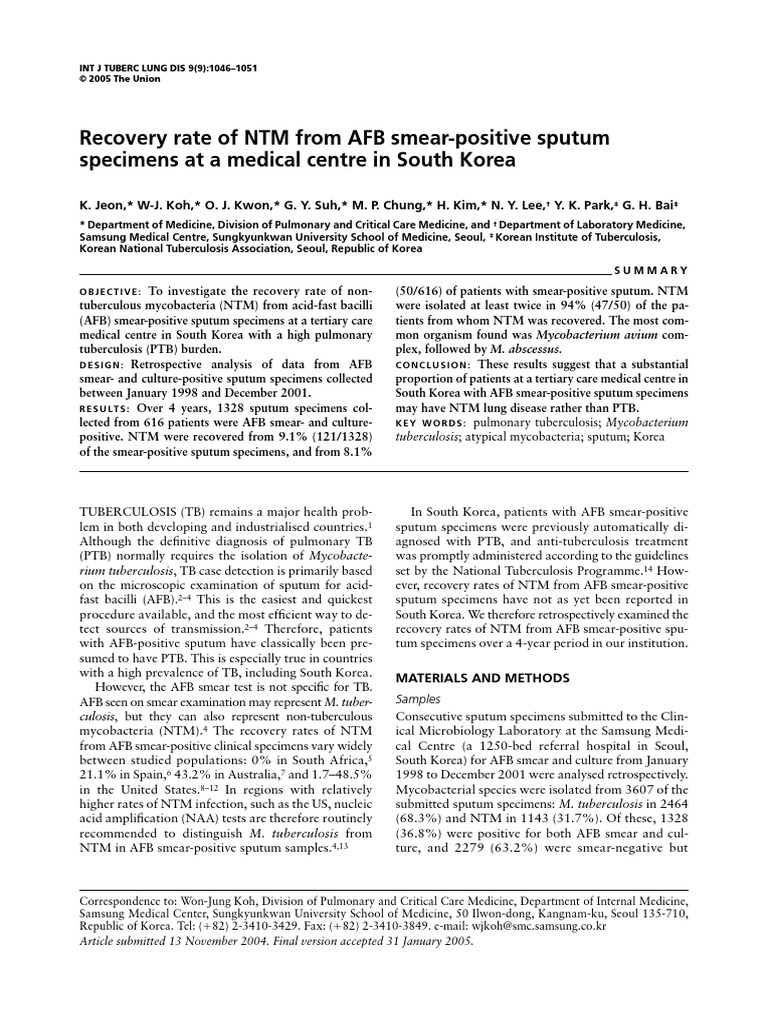 Recovery Rate of NTM From AFB Smear-Positive Sputum Specimens at A ...