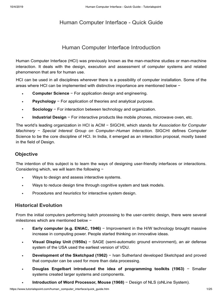 Human Computer Interface - Quick Guide - Tutorialspoint | Download Free ...
