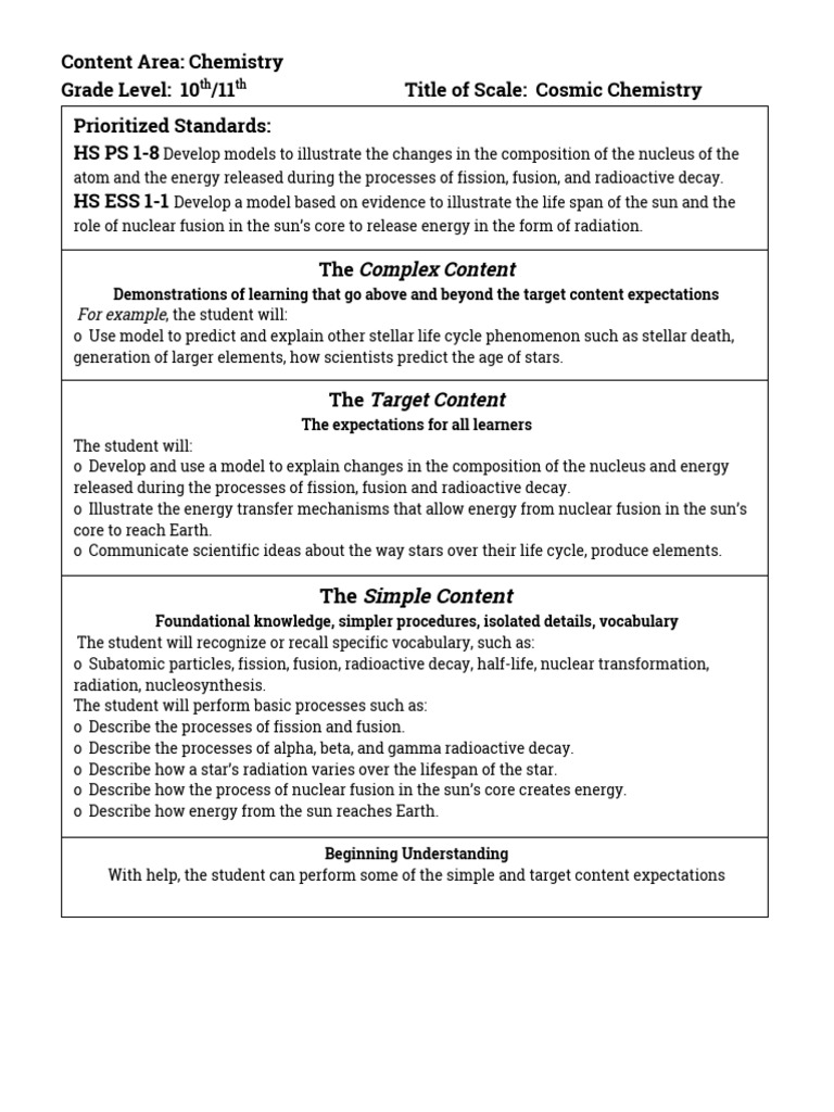 Content Area: Chemistry Grade Level: 10 /11 Title of Scale: Cosmic ...