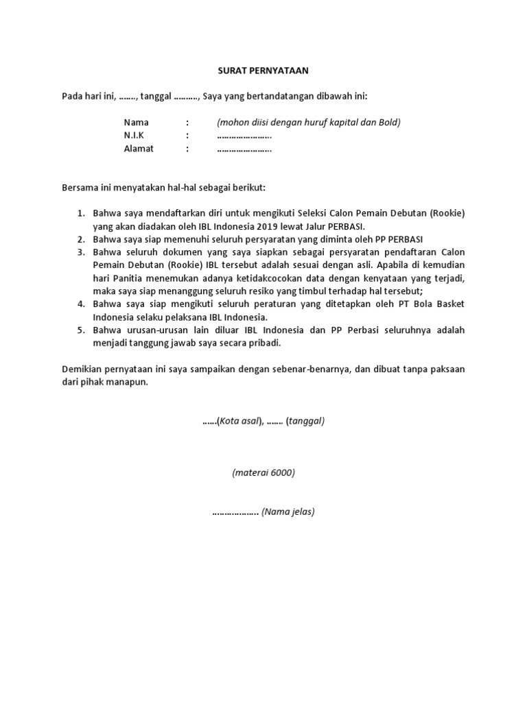 Surat Pernyataan Kesanggupan Mengikuti Seluruh Peraturan Ibl | PDF