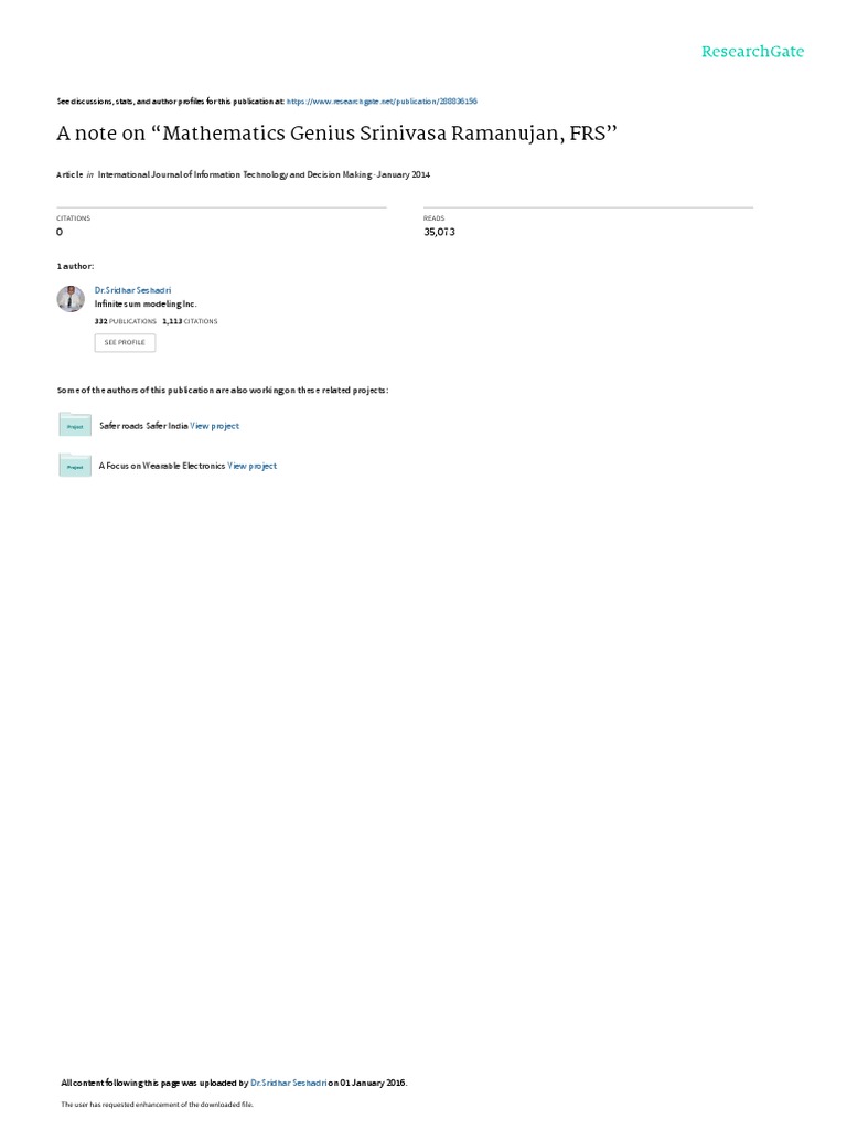 Note On Ramanujan - Dr. Sridhar Seshadri | PDF | Teaching Mathematics | Science