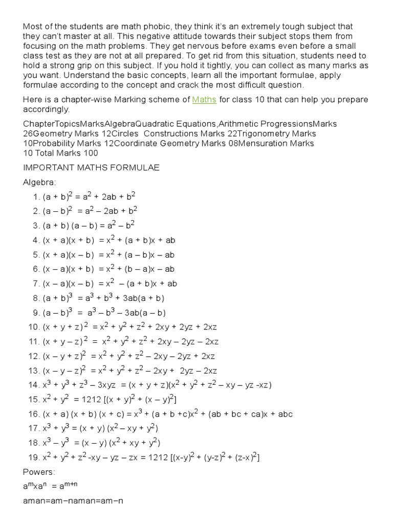 10th Class Math Formulas List and Important Formulas For Board Exams ...