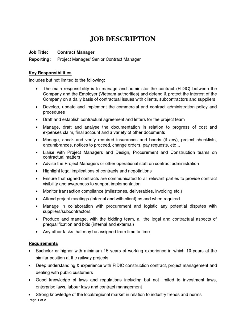 Job Description: Job Title: Contract Manager Reporting | PDF ...