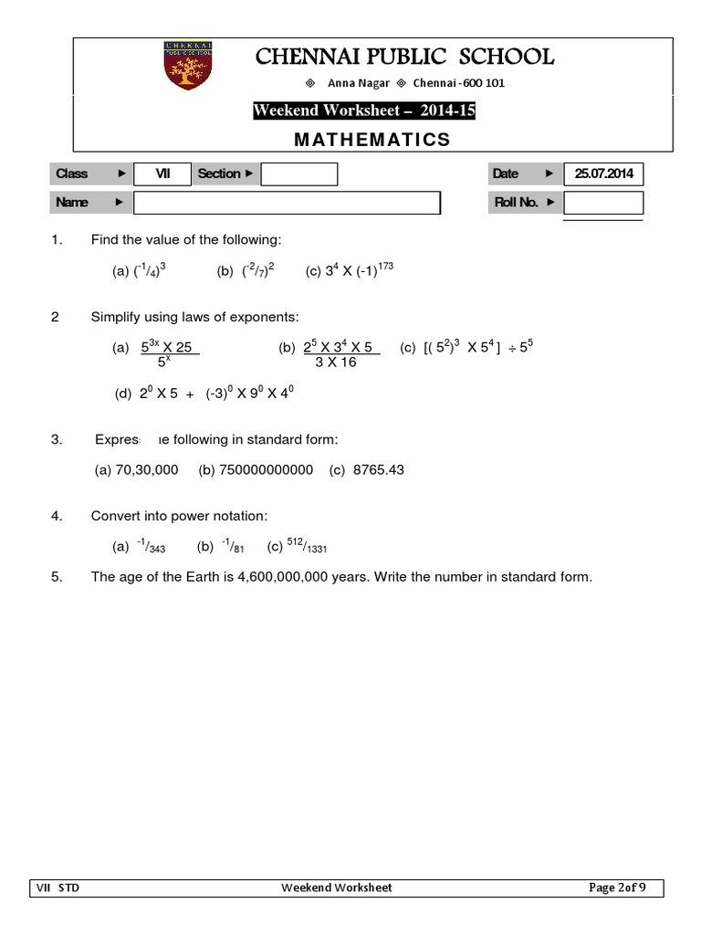 CBSE Clas 7 Maths Worksheet - Exponents & Powers | PDF