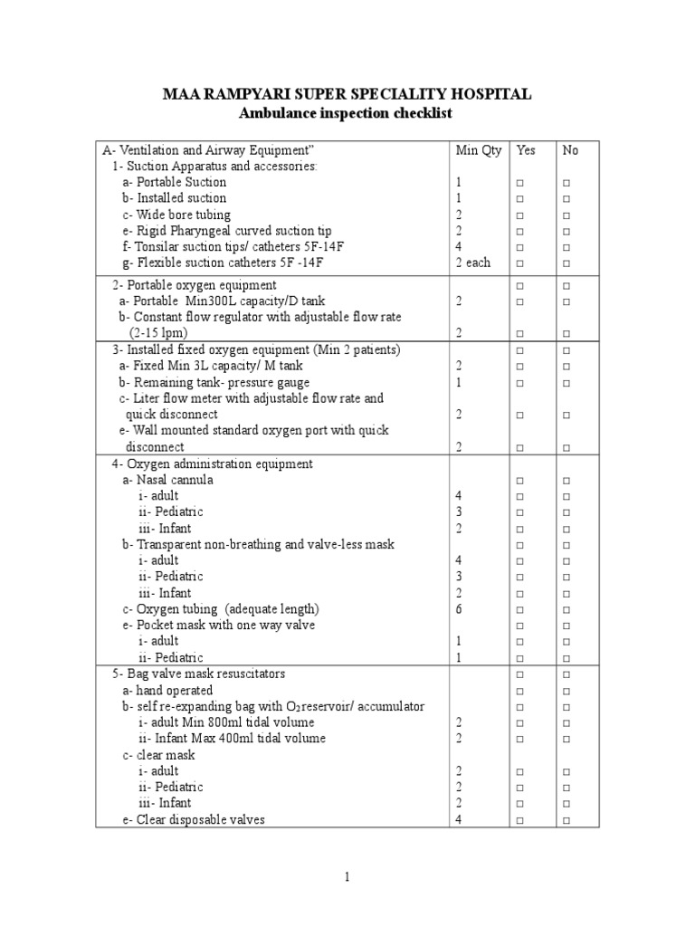 Checklist For Ambulance | PDF | Clinical Medicine | Medicine